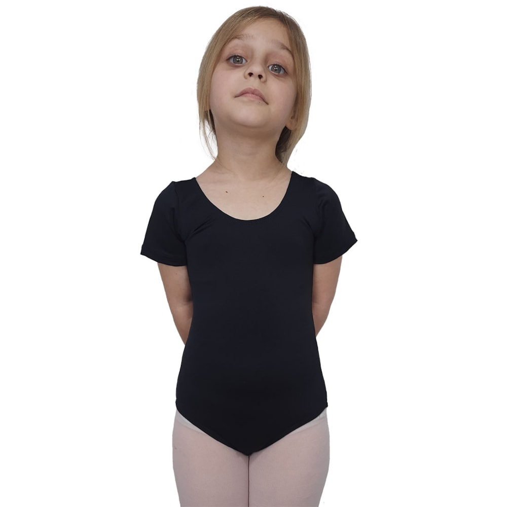 Collant Ballet Infantil Preto Vya Fit Meia Manga Liso Home Sport Center